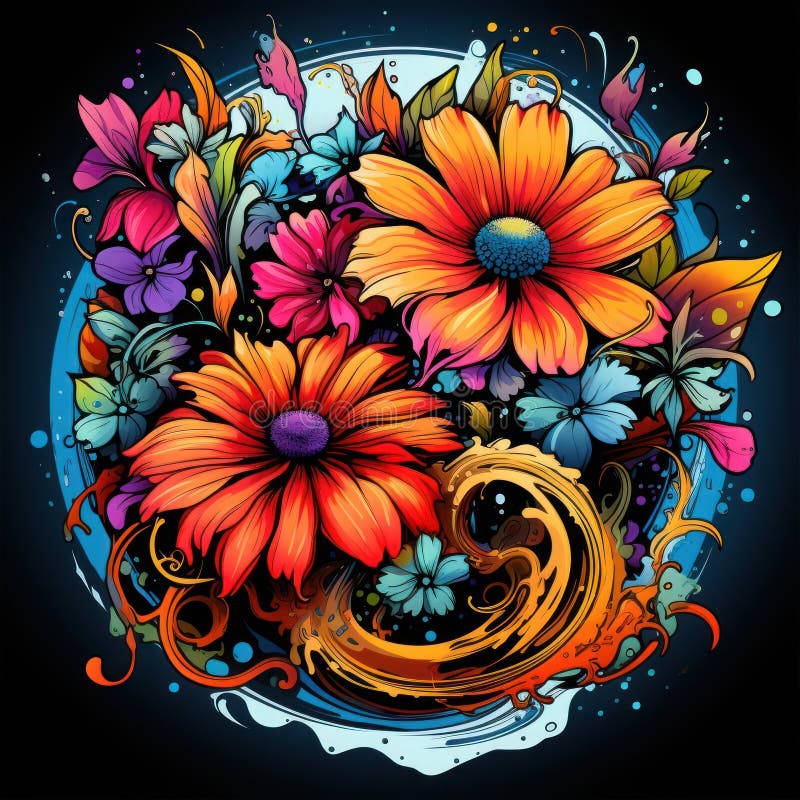 Portrayal of a Marigold, with Vibrant Neon Colors, Swirling Patterns ...