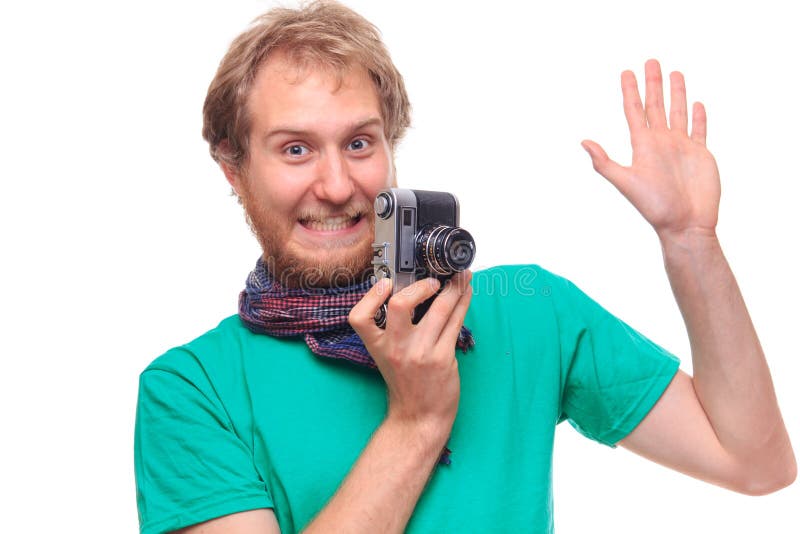 Portret of Funny Cheerful Photographer with Camera Stock Image - Image ...