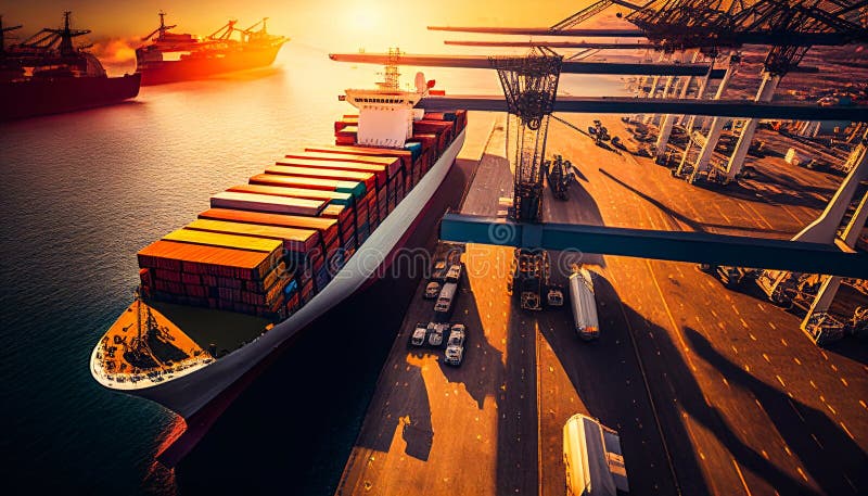 Ports with Cargo Ships and Containers Work with Crane Stock ...