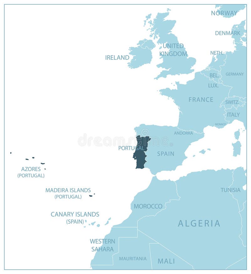 Portugal - Blue Map with Neighboring Countries and Names Stock ...