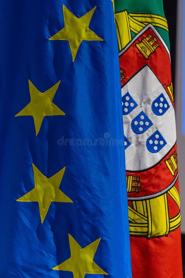Portuguese and EU Flags Flying Together. Stock Photo - Image of ...