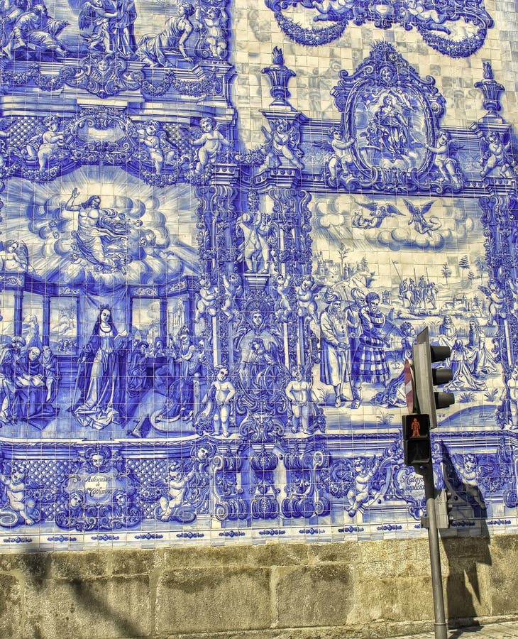 Portuguese Famous Blue Tile Work with Red Light Stock Photo - Image of ...