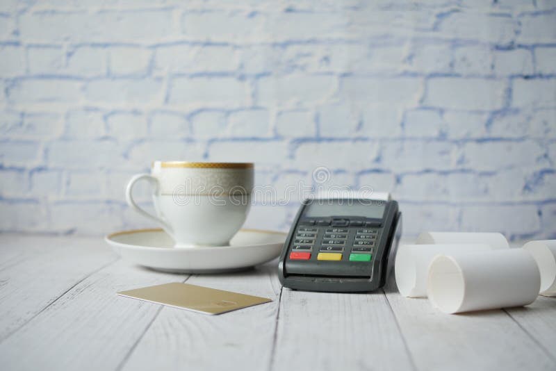 POS Machine and Long Roll Paper on Blue . Stock Photo - Image of print ...
