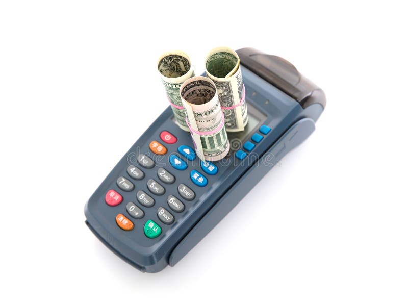 POS Machine on White Background and Dollar Bill on Machine Stock Image ...