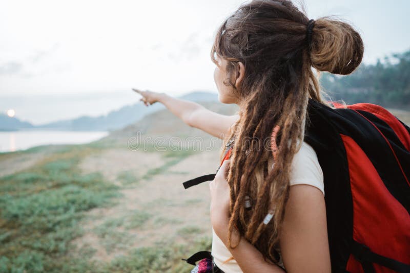 Pose Caucasian Woman with Backpack Pointing the Direction Stock Image ...