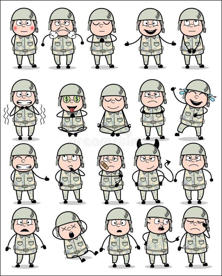 Poses of Cartoon Army Man - Set of Concepts Vector Illustrations Stock ...