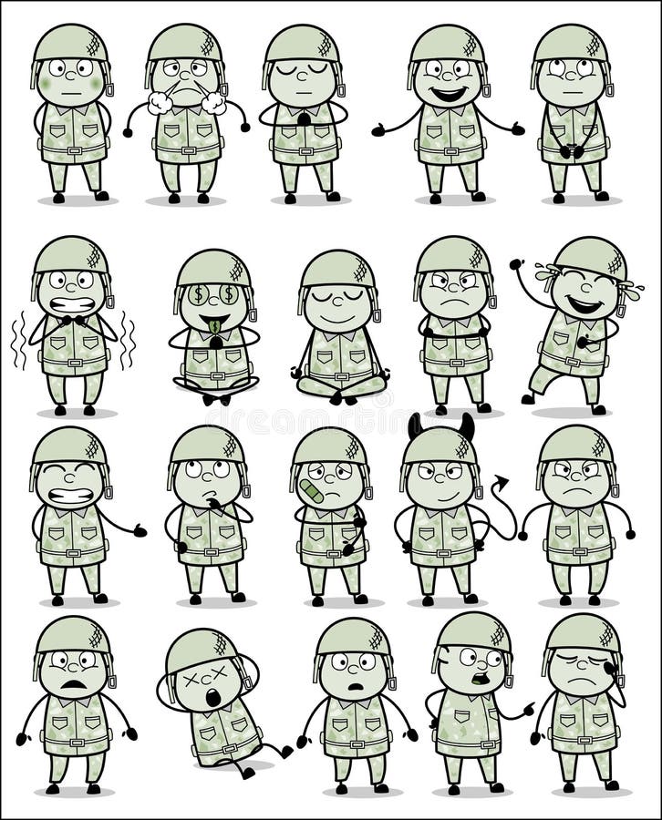 Poses Collection of Cartoon Army Man - Set of Concepts Vector ...