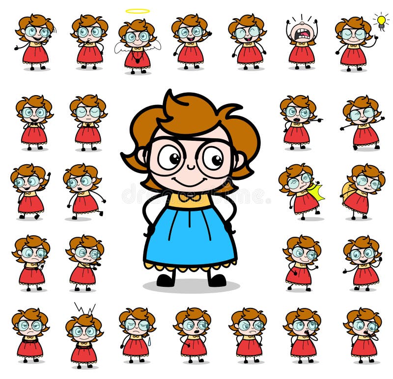 Poses of Intelligent Girl Character - Set of Concepts Vector ...