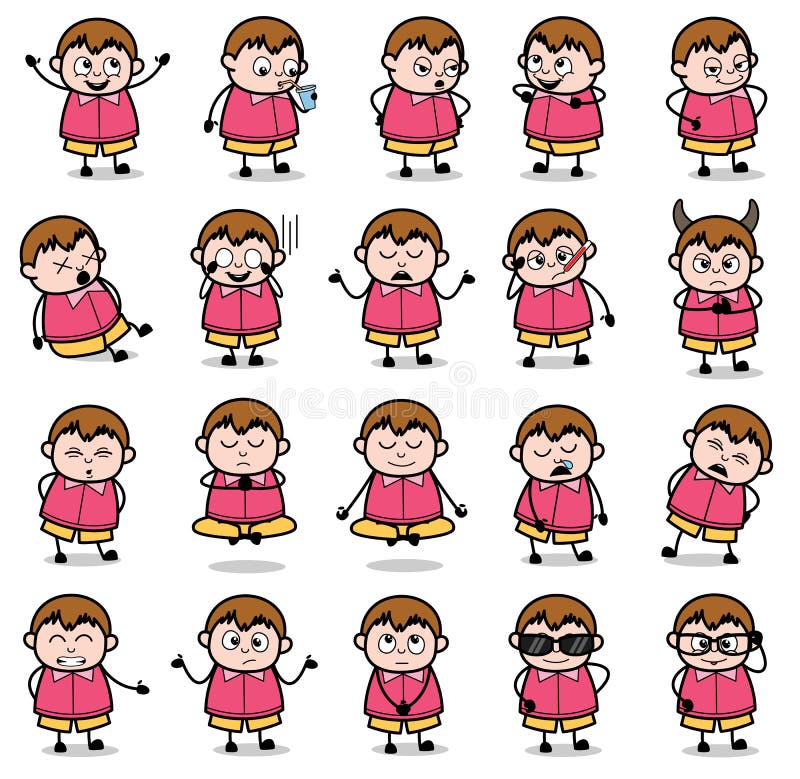 Poses of Young Fat Boy Character - Set of Concepts Vector Illustrations ...