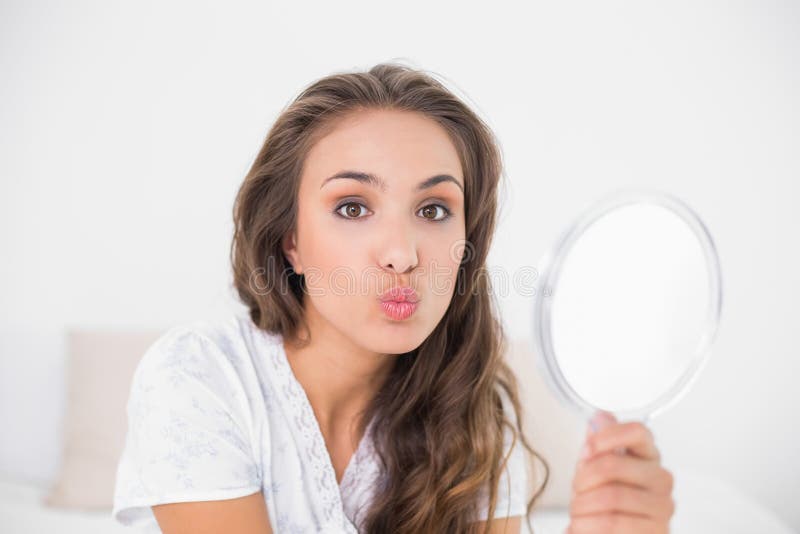 Posing Attractive Brunette Holding Mirror Stock Photo - Image of long ...