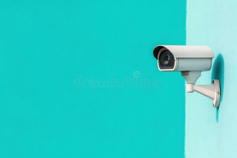 Security Camera Mounted on a Vibrant Turquoise Wall Captures Activity ...