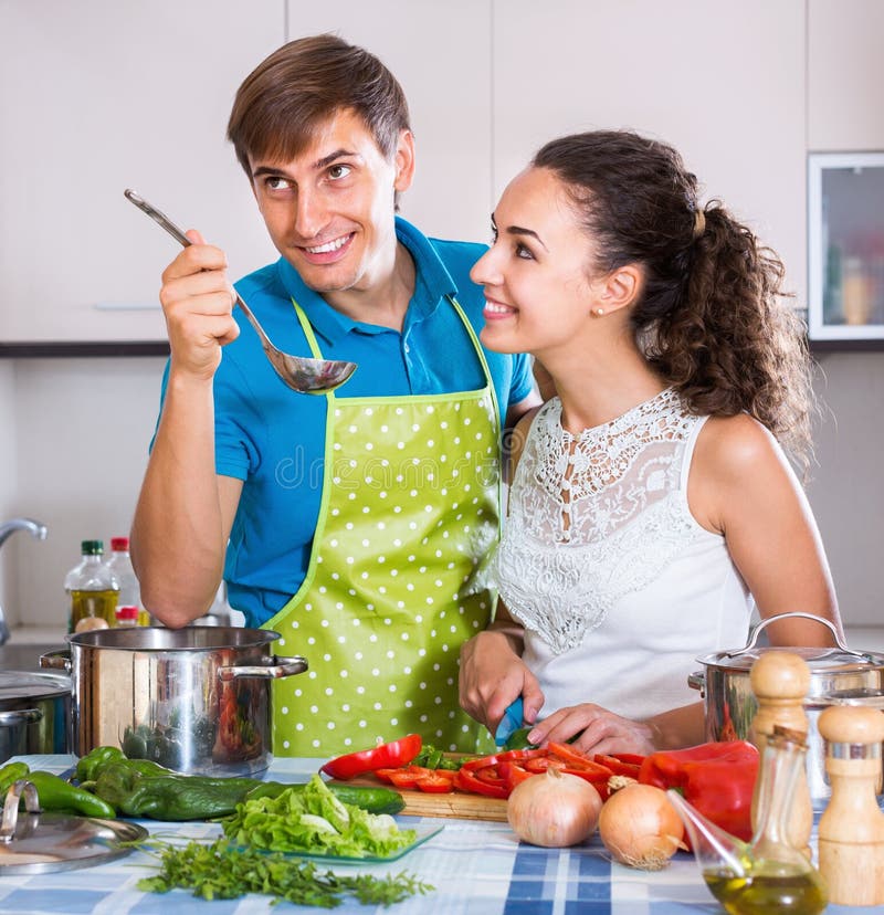 Positive Adults Preparing Veggies Meal Stock Image - Image of casual ...