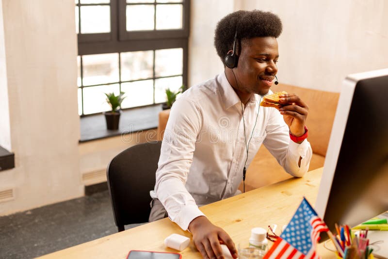 Positive African American Man Looking at the PC Screen Stock Image ...