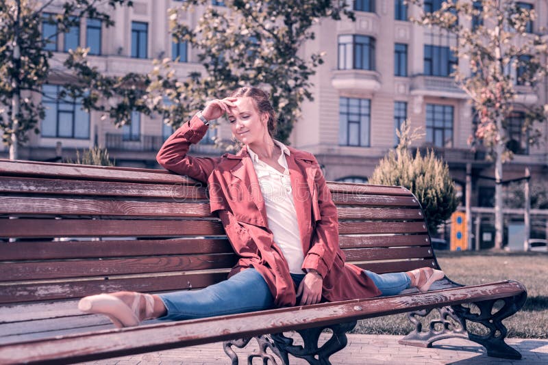 Positive Attractive Woman Resting on the Bench Stock Photo - Image of ...