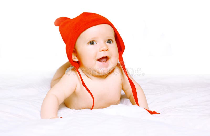 Positive baby in red hat stock image. Image of baby, happy - 45047601