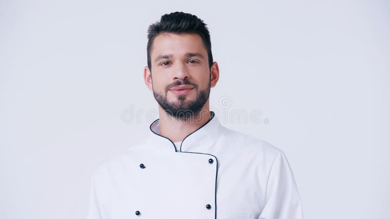 Positive Bearded Chef in Uniform Looking Stock Photo - Image of work ...