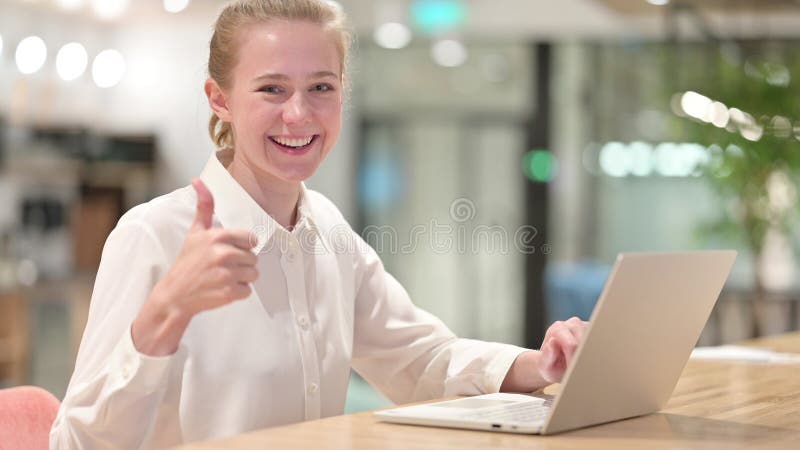 Positive Businessman with Laptop Doing Thumbs Up Stock Image - Image of ...