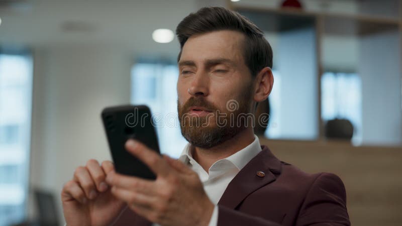 Positive Ceo Speaking Mobile at Modern Office Closeup. Man Making ...