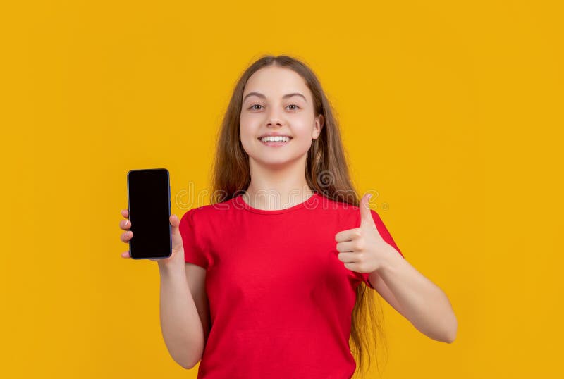 Positive Child with Smartphone on Yellow Background Stock Image - Image ...