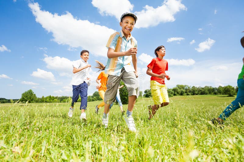 Positive Children Playing and Running Outside Stock Image - Image of ...