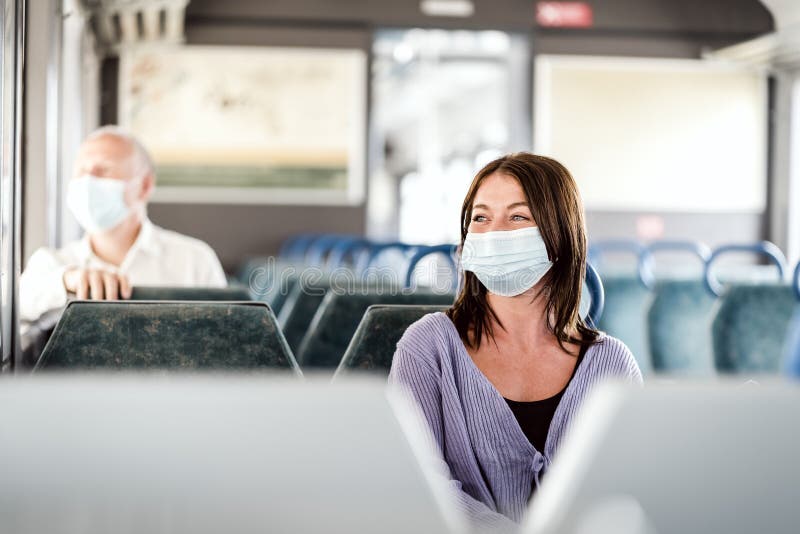 Positive Commuters Wearing Mask Enjoying Their Train Trip Stock Image ...