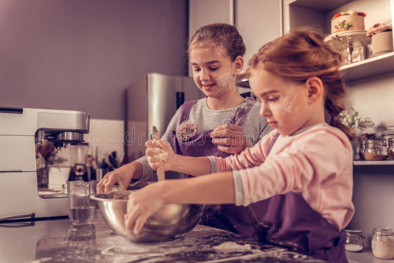 Positive Cute Girls Cooking in the Kitchen Stock Image - Image of ...