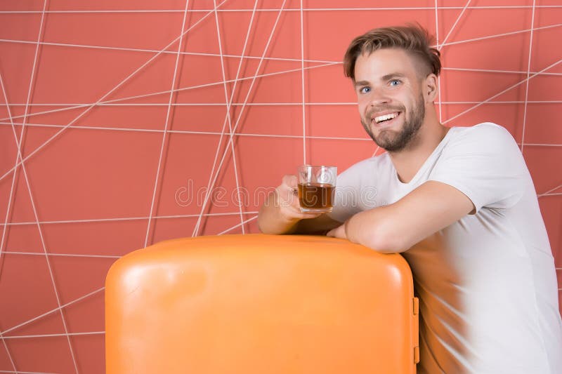 Positive Delighted Man Standing in Kitchen with Coffee Cup Stock Photo ...