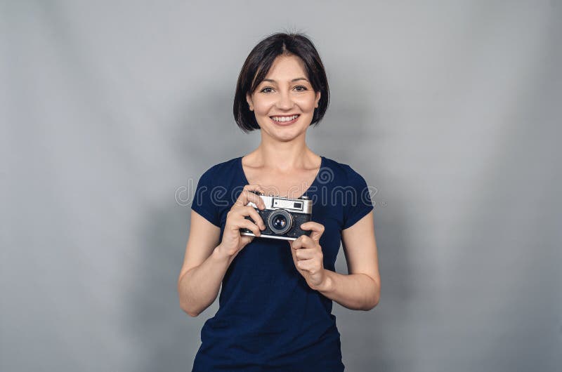 Positive Emotions from Photography. Woman with Camera Stock Photo ...