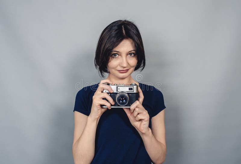 Positive Emotions from Photography. Woman with Camera Stock Image ...