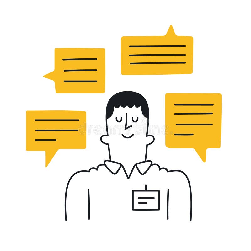 Positive Feedback. Employee with ID Badge Surrounded by Speech Bubbles ...