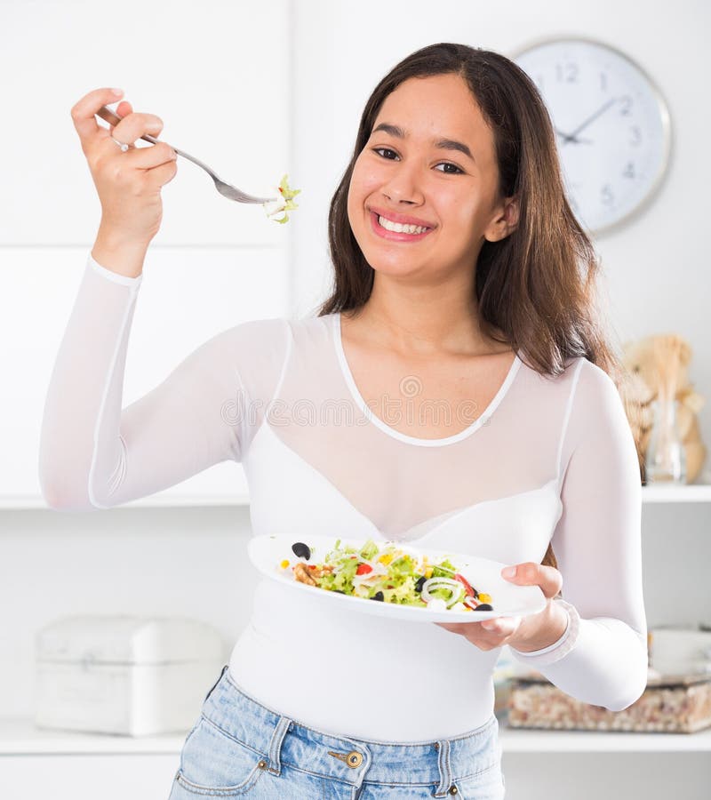 Positive Female Eating Useful Salad Stock Image - Image of glad, dish ...