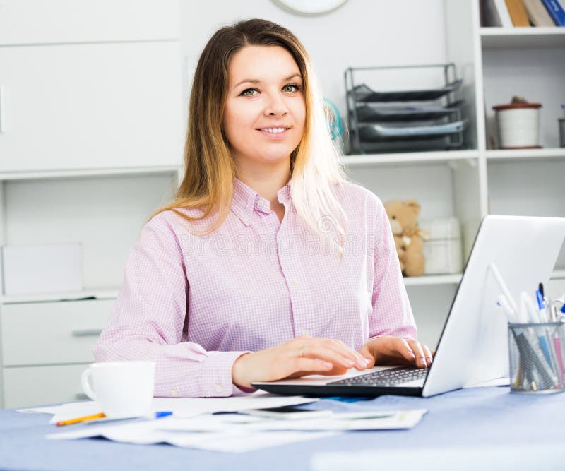 Positive Female Worker Working Effectively Stock Photo - Image of ...