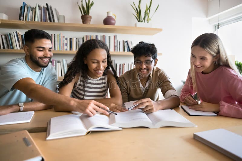 Positive Focused University Classmates Reading Learning Books Together ...