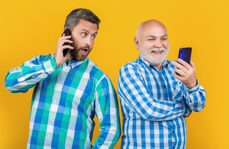 Positive Generation Men Use Phone Isolated on Yellow. Generation Men ...