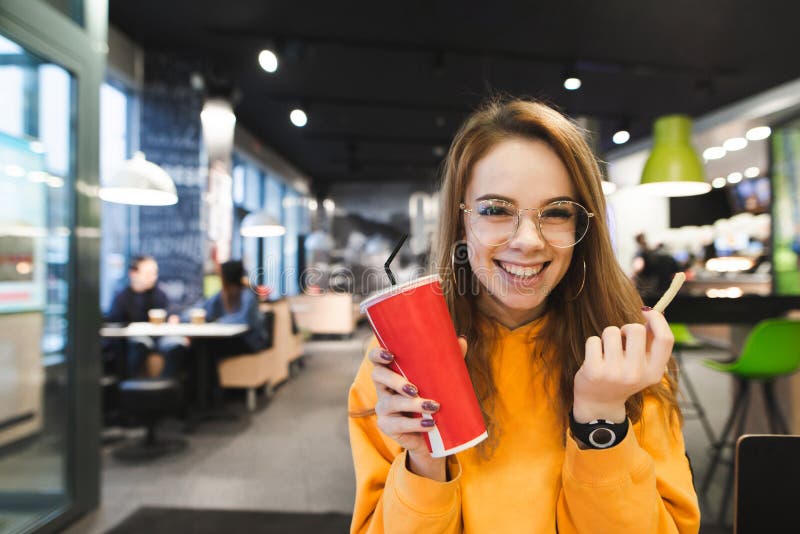 Positive Girl Student is a Fast Food Restaurant Stock Image - Image of ...