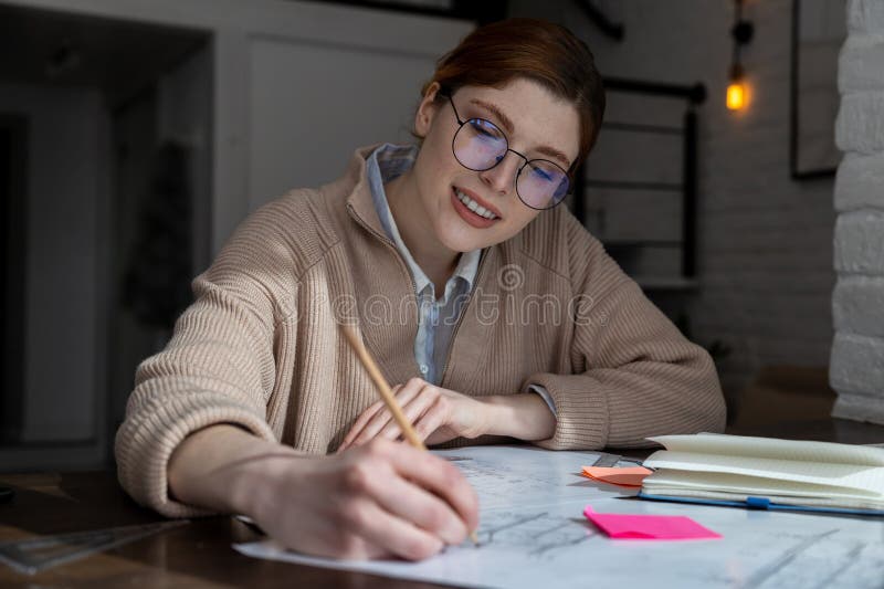 Positive Good-looking Young Woman Working on the Project Stock Image ...