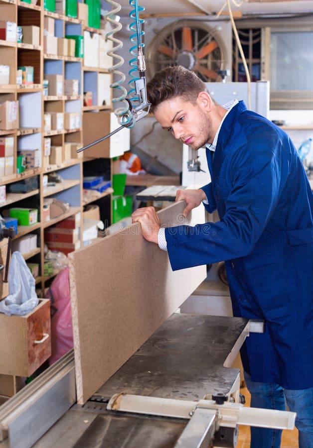 Positive Guy Fixing Chipboard on Table at Workshop Stock Image - Image ...