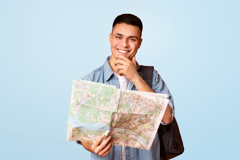 Positive Guy Making Sightseeings, Using City Map Stock Photo - Image of ...