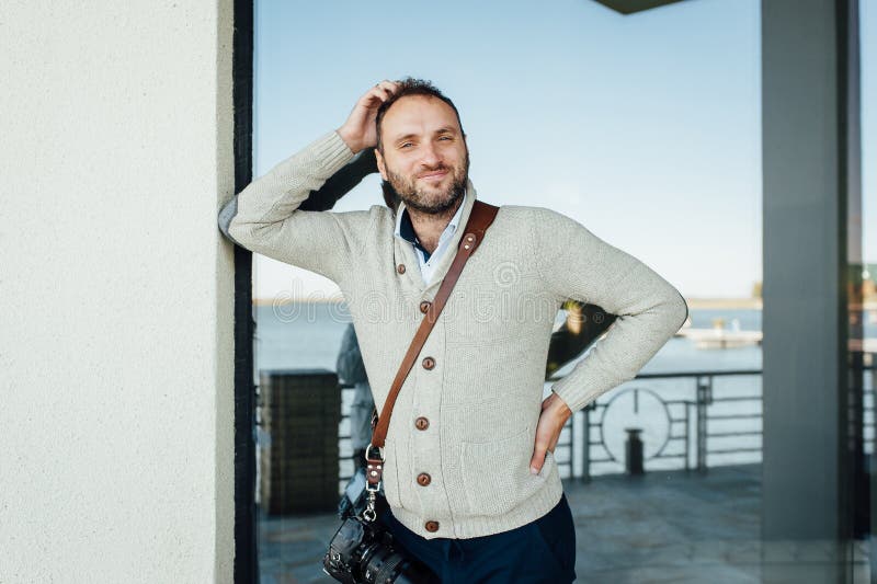 Positive Happy Man Smiling at the Wall and Glass Stock Photo - Image of ...