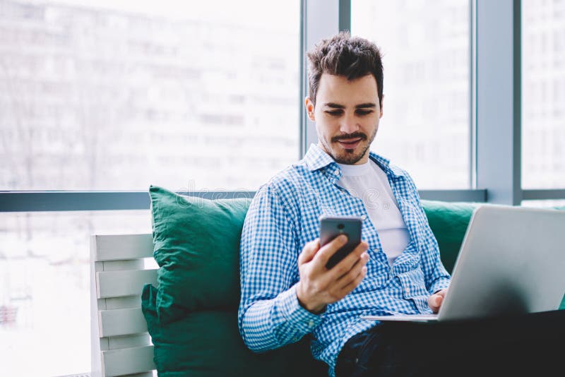 Caucasian Male Reading Incoming Message Via App on Cellphone Stock ...