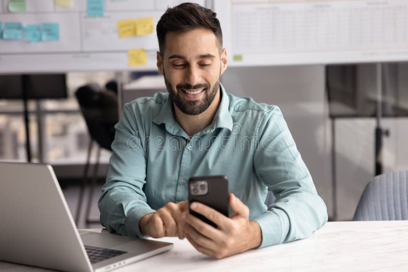 Positive Hispanic Businessman Using Modern Internet Technology Stock ...