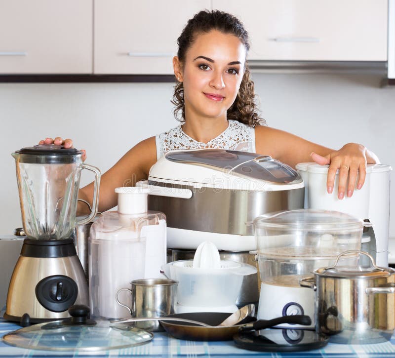 Positive Housewife with Culinary Devices at Kitchen Stock Photo - Image ...