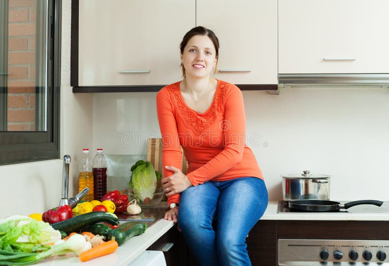 Positive Housewife in Home Kitchen Stock Image - Image of health, home ...