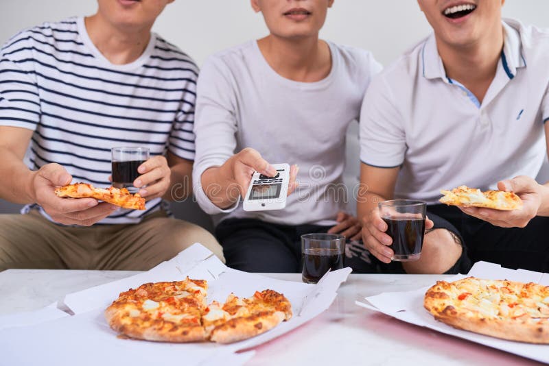 Positive Joyful Friends Enjoying Their Pizza Stock Image - Image of ...