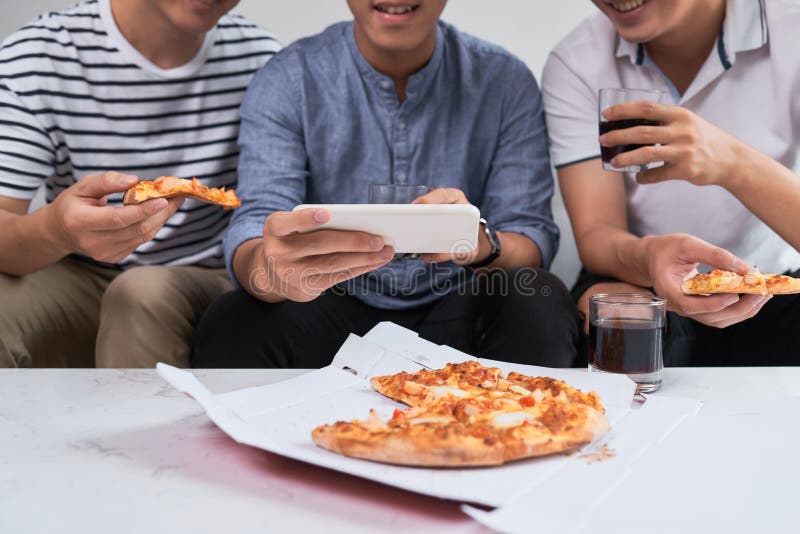 Positive Joyful Friends Enjoying Their Pizza Stock Image - Image of ...
