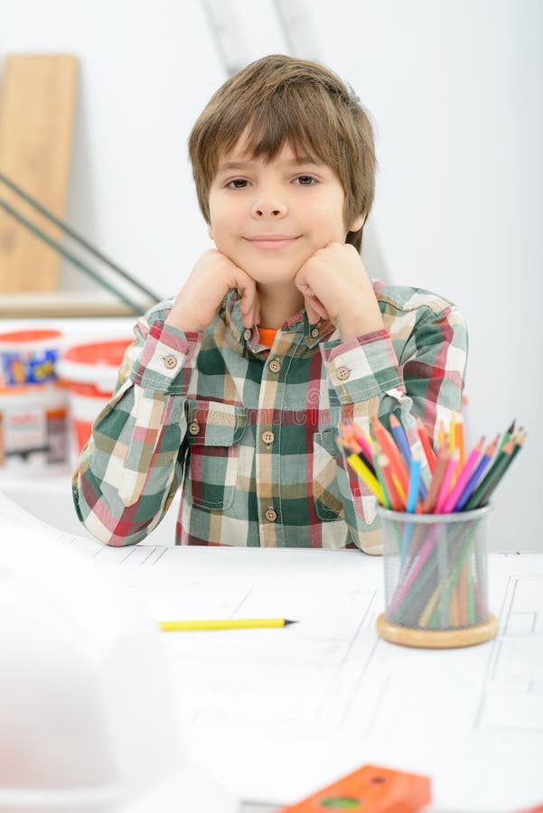 Positive Kid Making Drawing Stock Image - Image of adult, entertainment ...