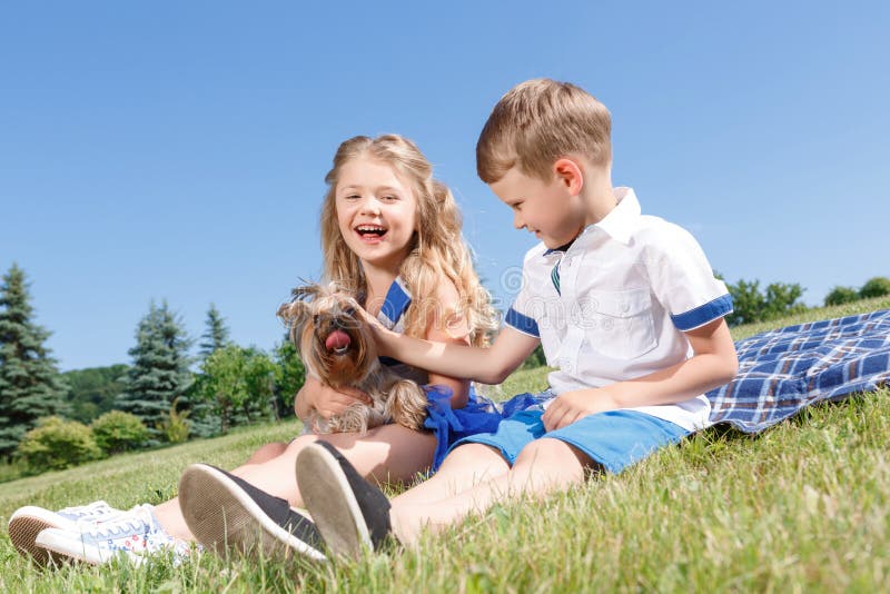 Positive Kinder, Die Mit Hund Spielen Stockfoto - Bild von decke ...