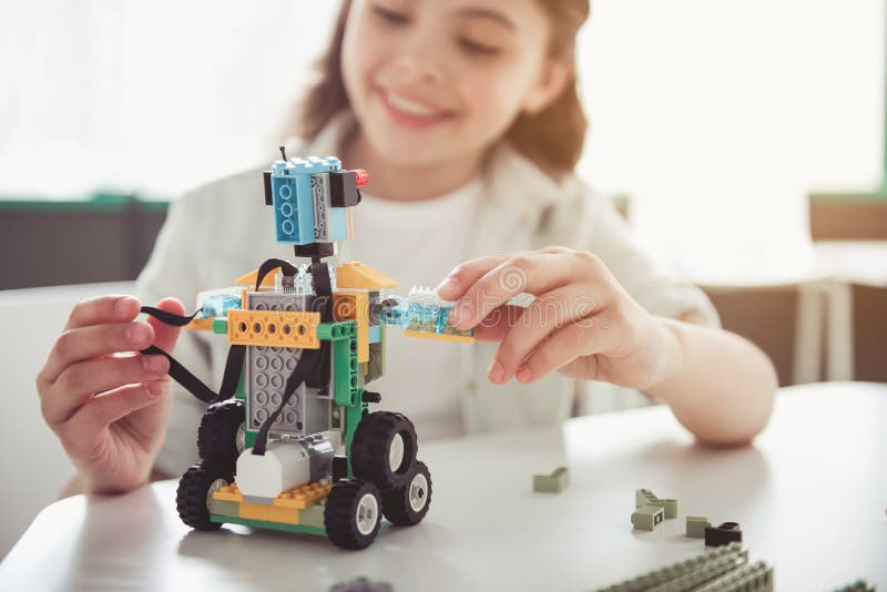 Glad Child Having Fun with Robot Stock Photo - Image of education ...