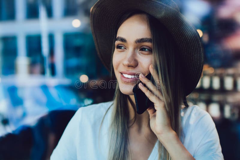 Positive Lady Smiling while Calling Stock Image - Image of beautiful ...
