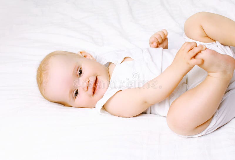 Positive Little Baby Playing Bedtime Stock Image - Image of infancy ...